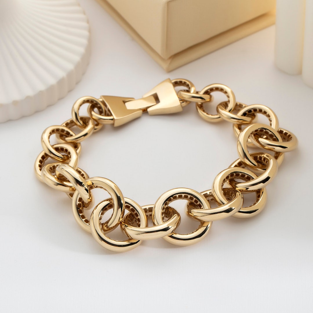 14K Solid Gold Chunky Curb Chain Bracelet, Thick Link Chain Bracelet ...