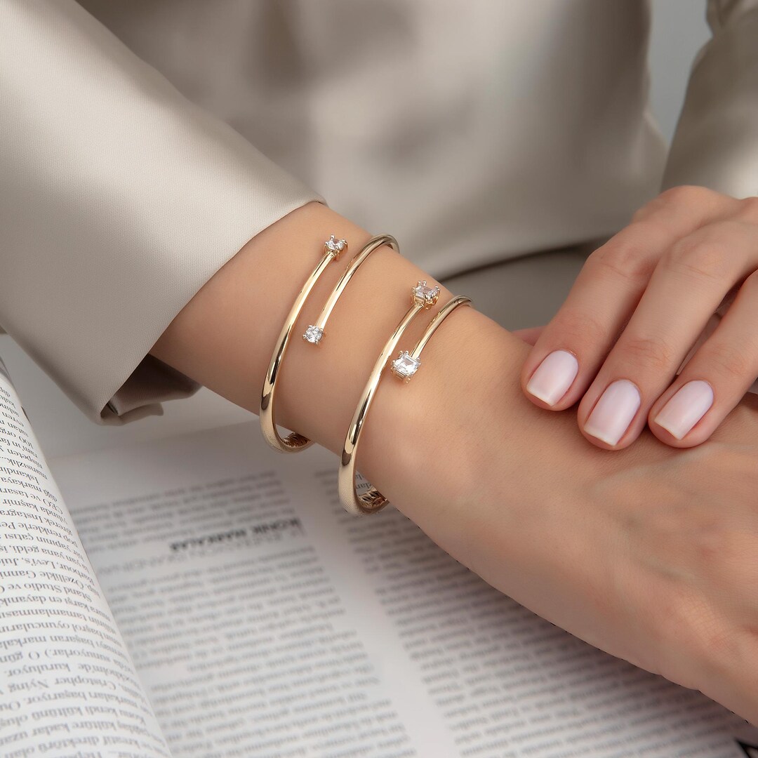 14k Gold Square Shape Diamond Bangle, Solid Gold Cuff Bangle ...