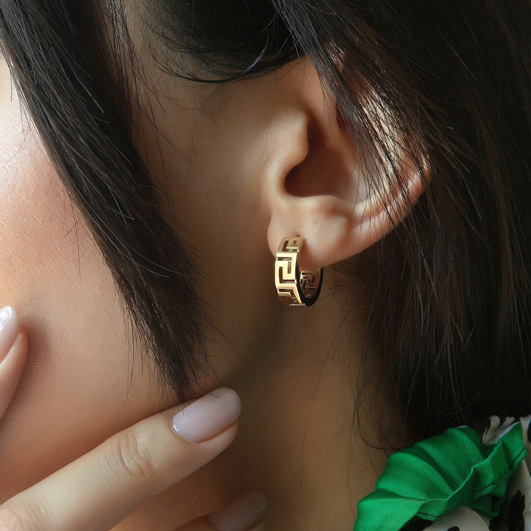 14k Solid Gold Greek Key Hoop Earrings, Meander Greek Earrings, Greek Jewelry for Her, Round ...