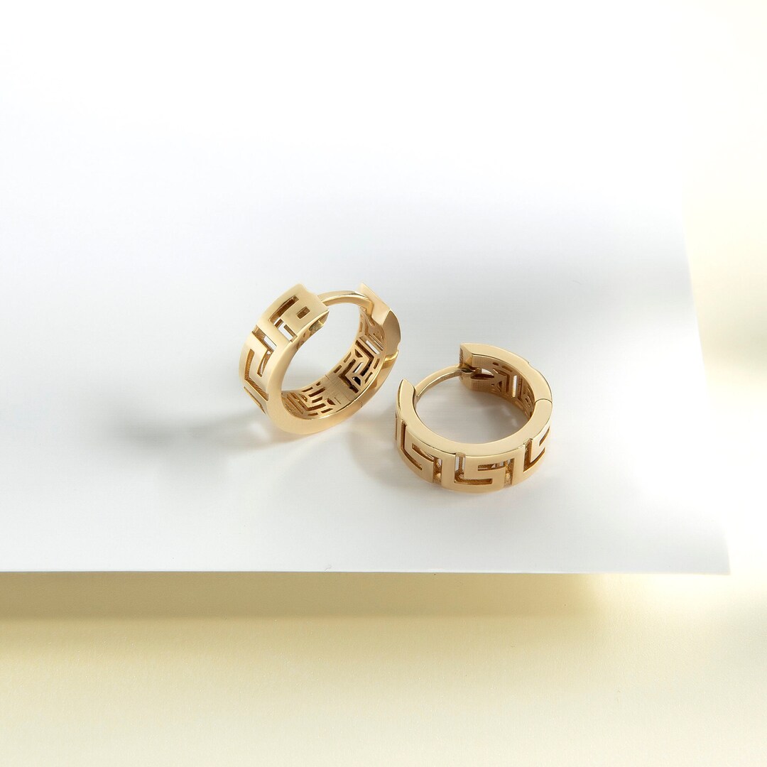 14k Gold Greek Key Hoop Earrings, Round Greek Key Meandros Earrings, Meander Greek Earrings ...