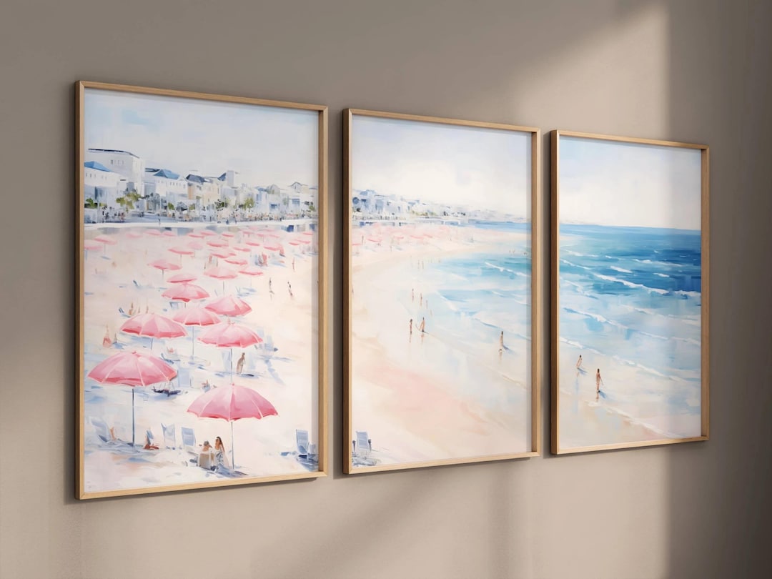 3 Print Set Coastal Decor, Set of 3 Pink Coastal Prints, Triptych Girly ...
