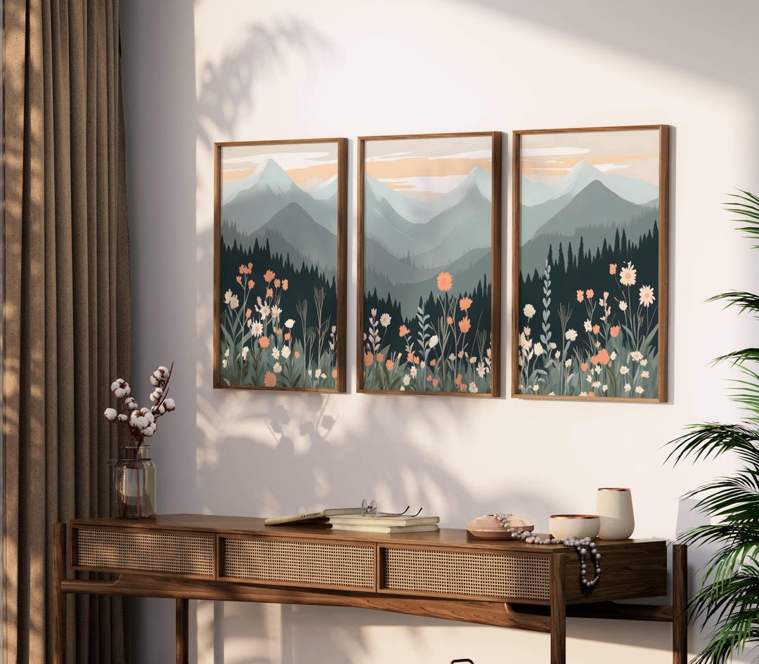 3 Print Set Wildflower Mountain Triptych Wall Art, Boho Nursery Print ...