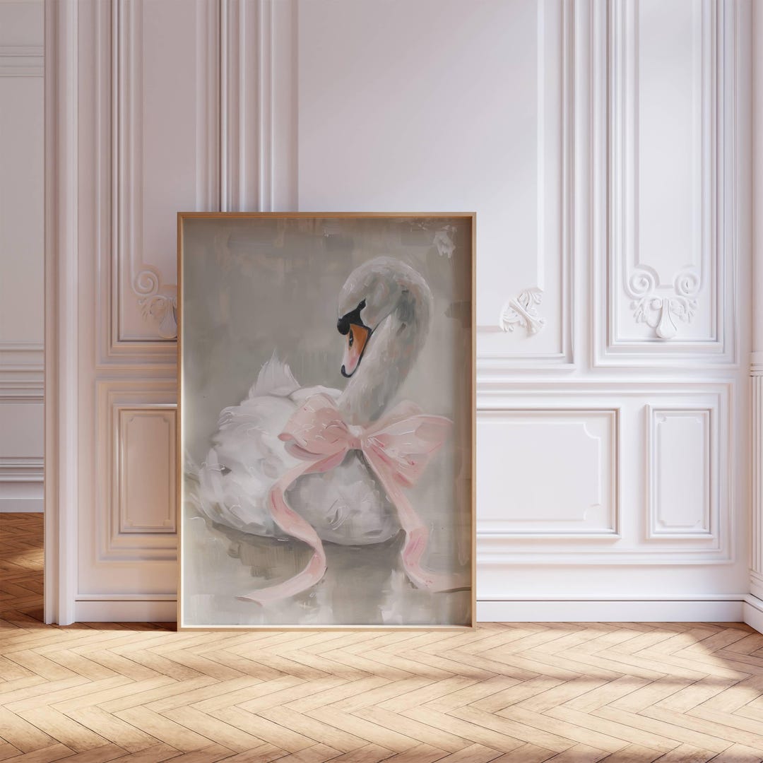 Coquette Swan Pink Bow Print, Soft Girly Nursery Painting, Pink ...