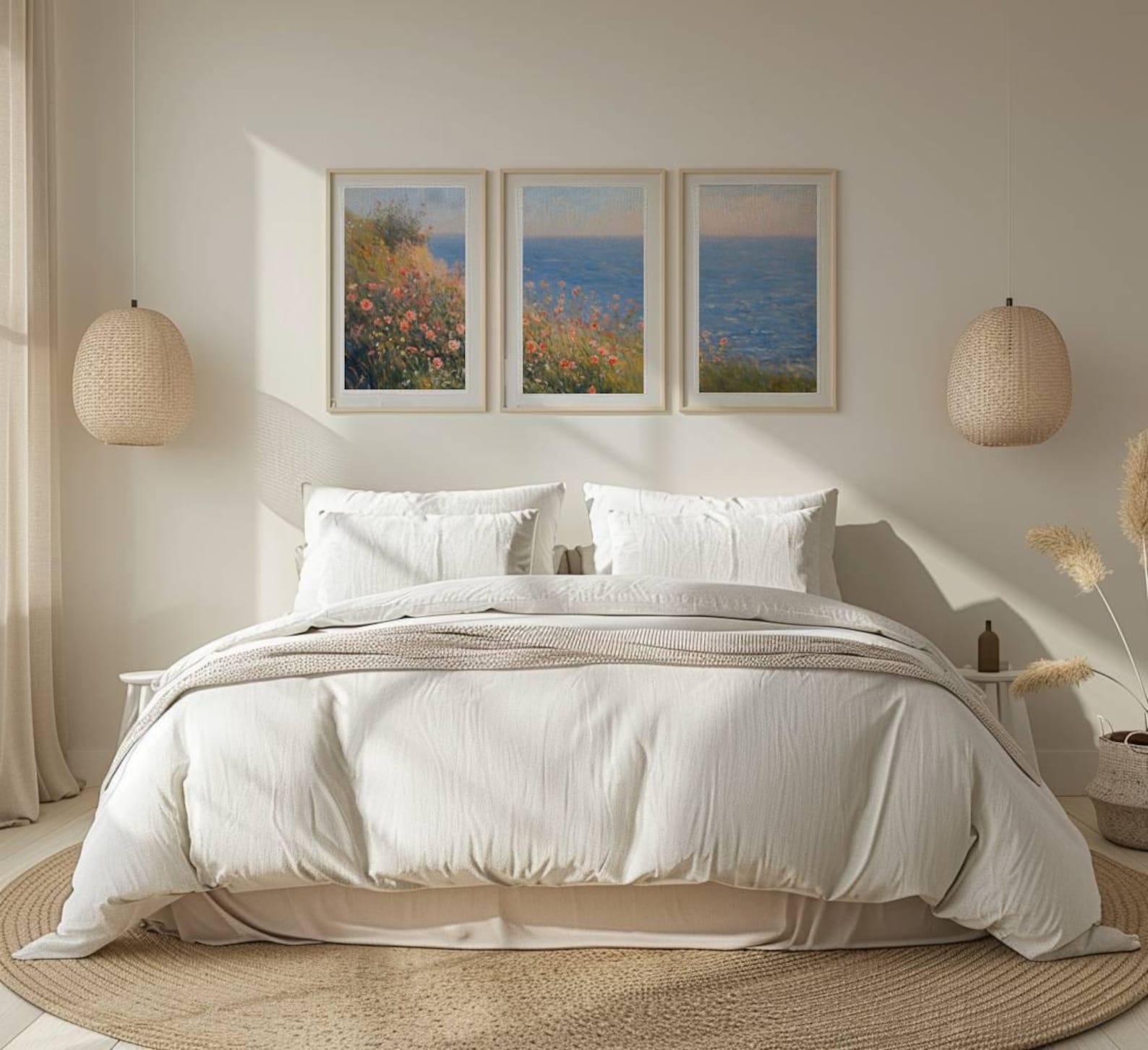 3 Piece Coastal Floral Landscape Print, Triptych Nursery Wall Art ...