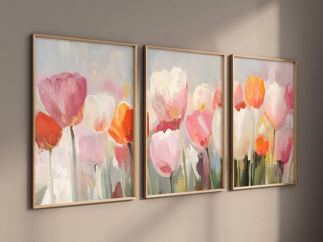 Triptych Spring Prints, 3 Print Set Soft Floral Wall Art, Large Tulip ...