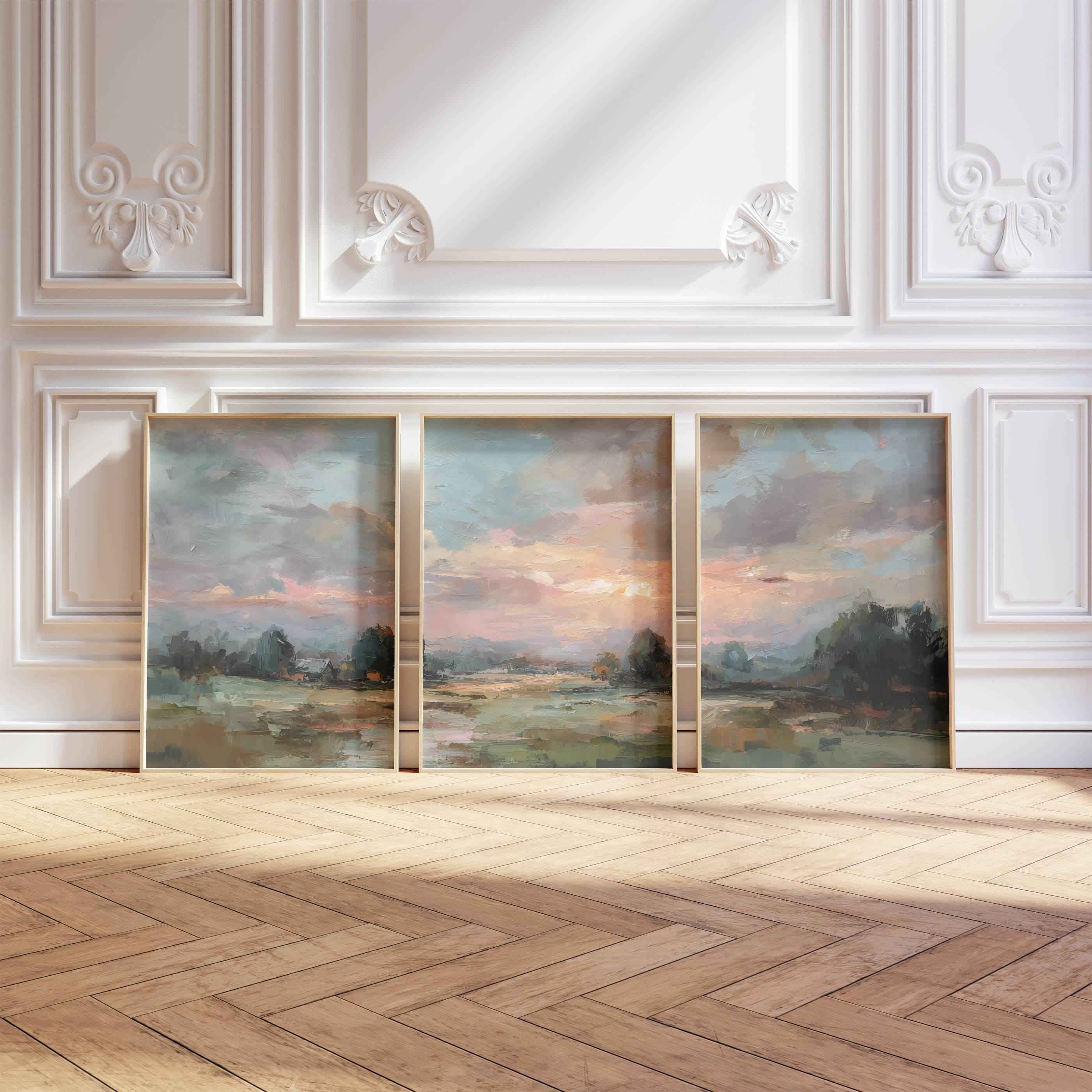 3 Piece Vintage Fall Sunrise Landscape Print Triptych Muted Scenery ...