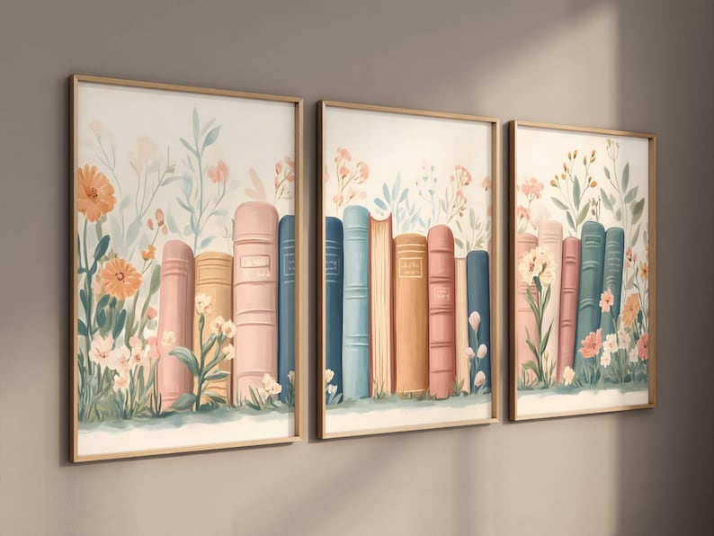 3 Piece Pastel Book Stack Print, Triptych Bookshelf Wall Art, Large ...