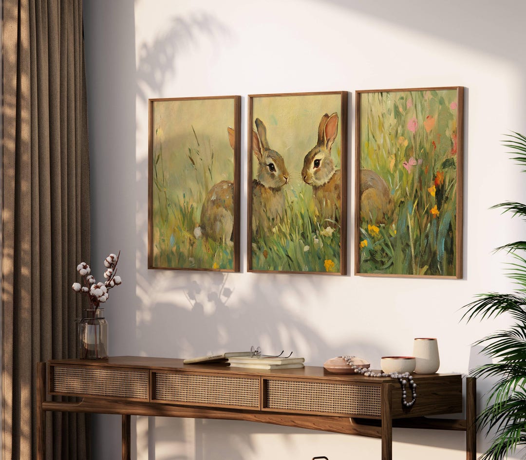 3 Piece Spring Bunny Print, Triptych Easter Wall Art, Large Vintage ...