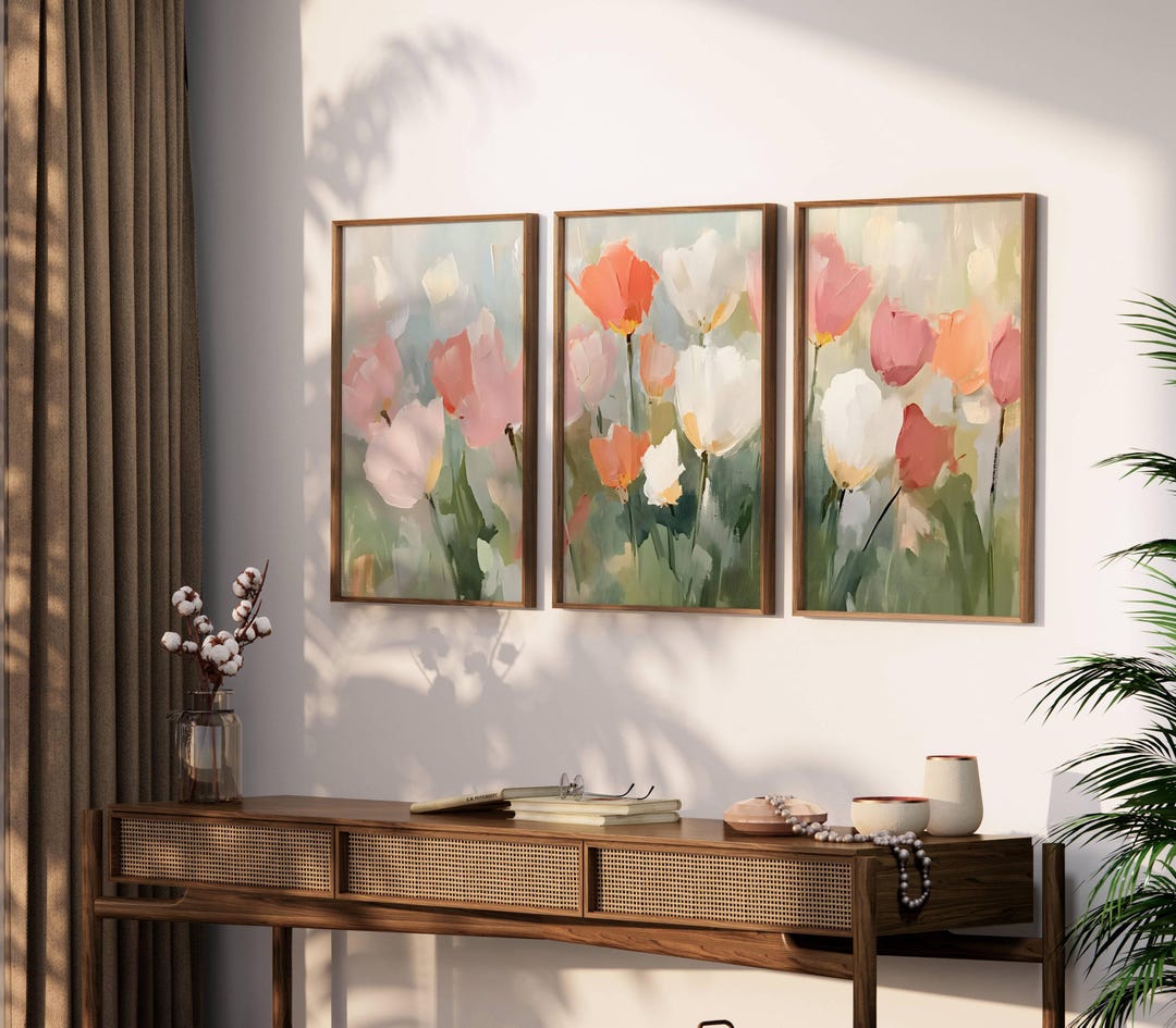 3 Piece Spring Prints, Triptych Soft Floral Wall Art, Large Vintage ...