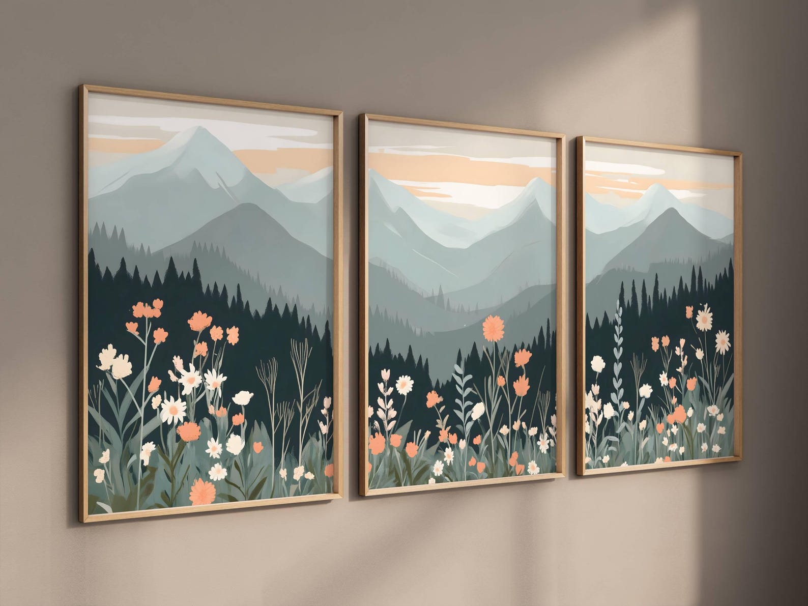 3 Print Set Wildflower Mountain Triptych Wall Art, Boho Nursery Print ...