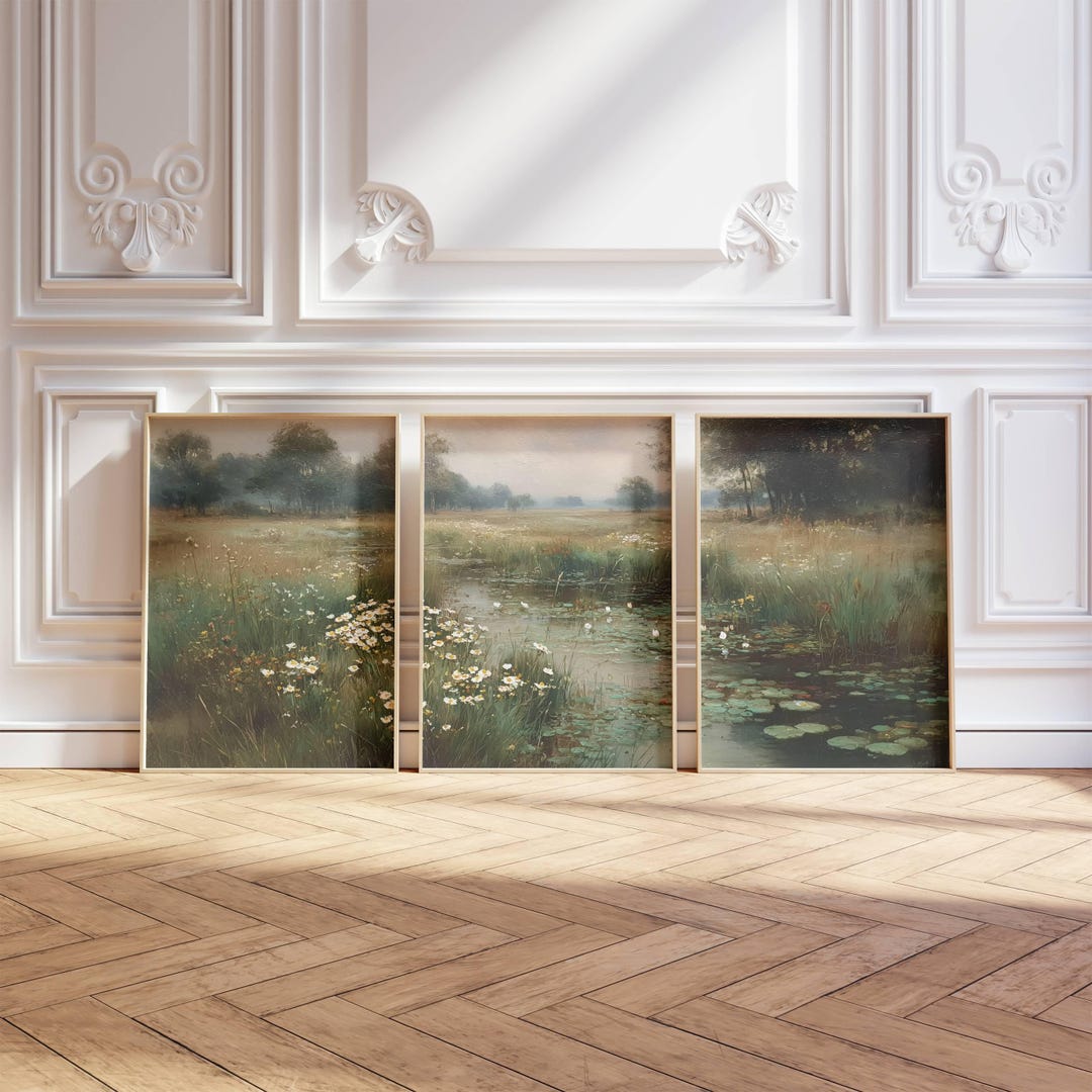 3 Piece Vintage Spring Wildflower Landscape Print Triptych Muted ...