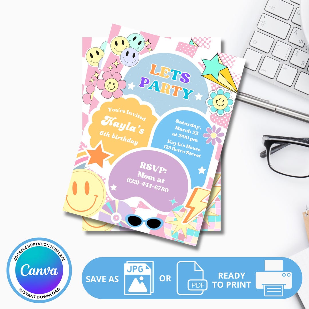 Editable Checkered Smiley Face Birthday Invitation, Groovy Retro Theme ...
