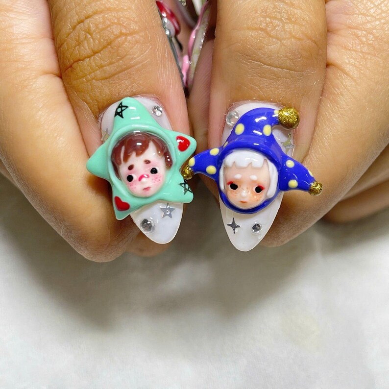 Whimsical Kawaii Character Press on Nails, Handmade Cute Stars Ribbon ...