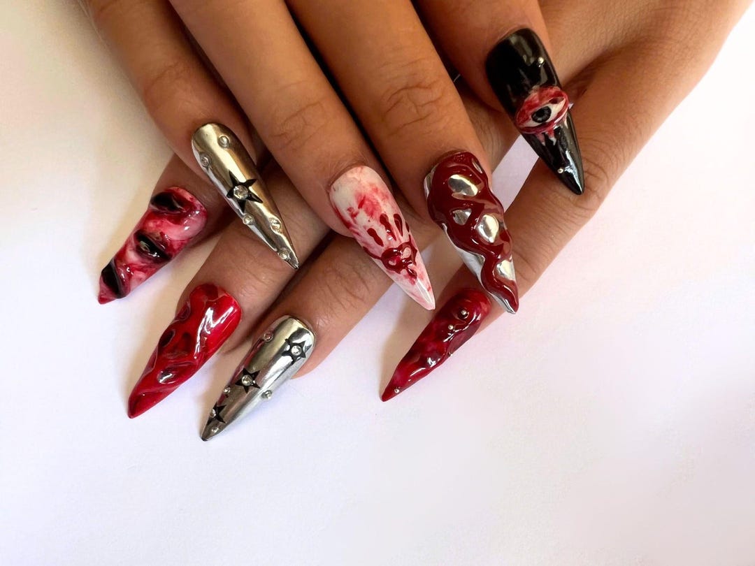 Hand-painted Ghost Hand Press on Nails, Halloween Long Stiletto Fake ...