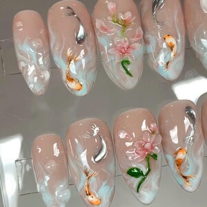 Asian Nail Art With Koi Fish & Lotus Flower Press-on Nails, Dreamy ...