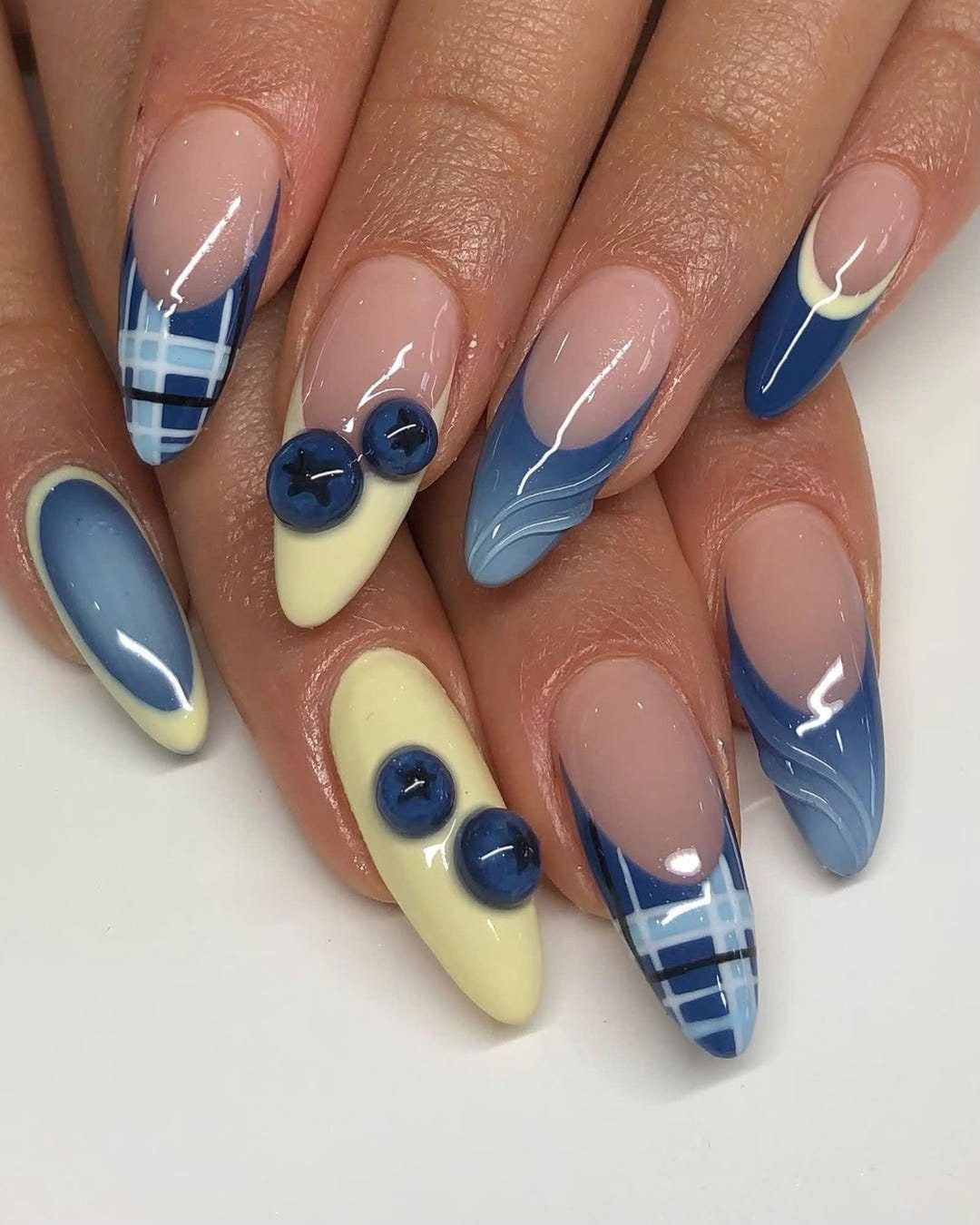 Handmade Blue and Yellow Press on Nails, Almond Nail Set With Chic ...