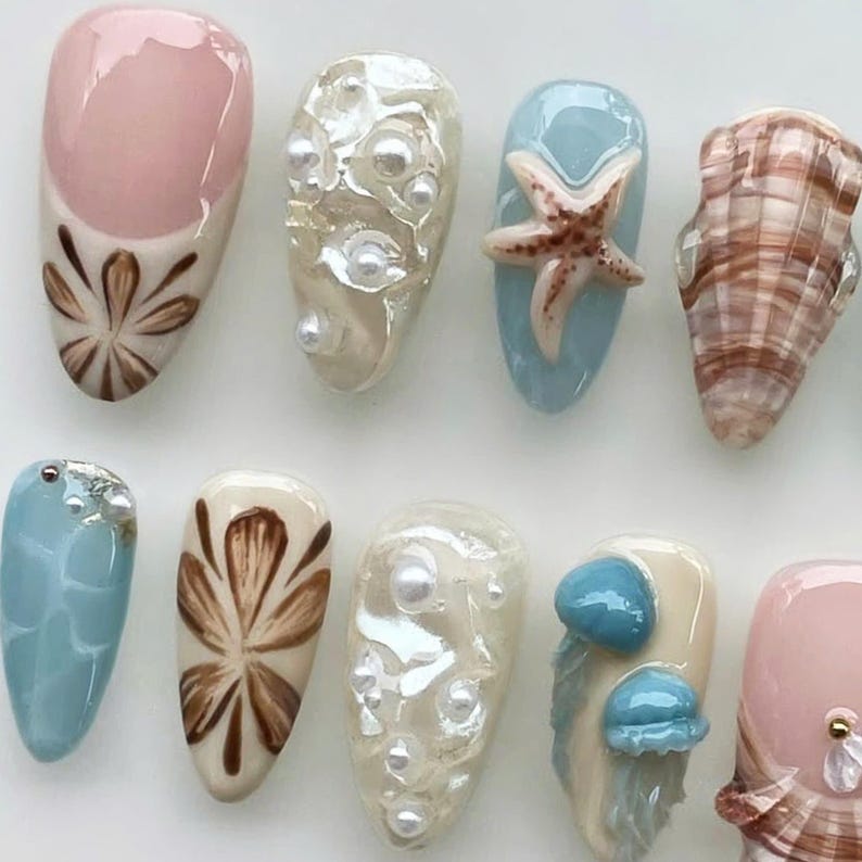 Reusable Coastal Almond Nail Set,premium Press on Nails Gel, Blue Ocean ...