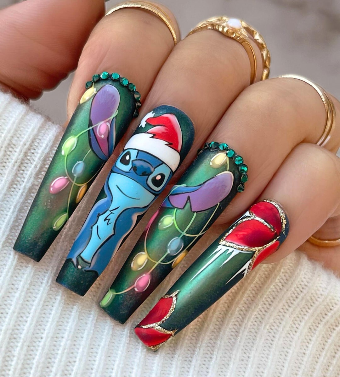 Cute Stitch on Christmas Eve Press on Nails, Long Coffin Nail Set With ...