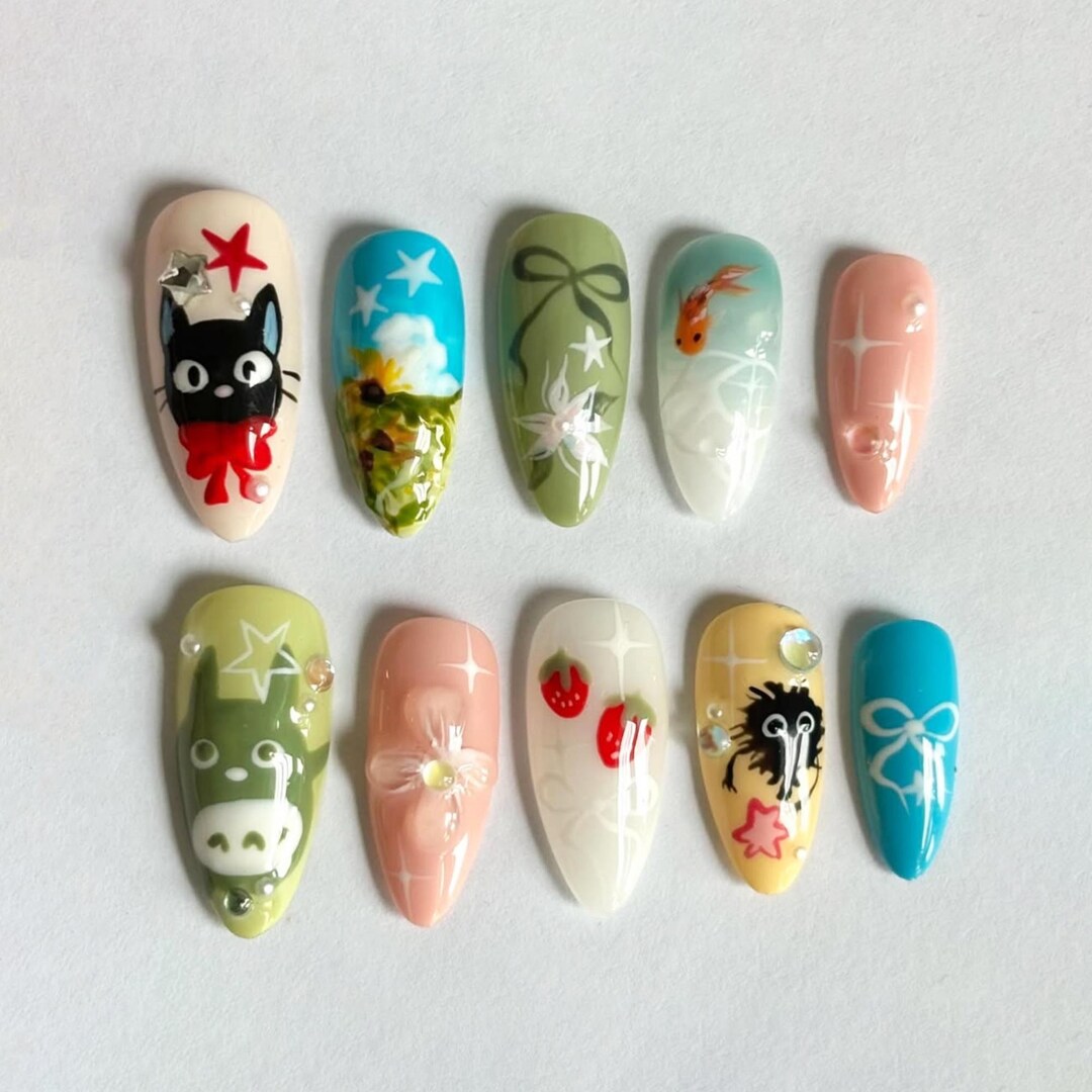 Kawaii Anime Design Press on Nails, Studio Ghibli-inspired Nail Art ...