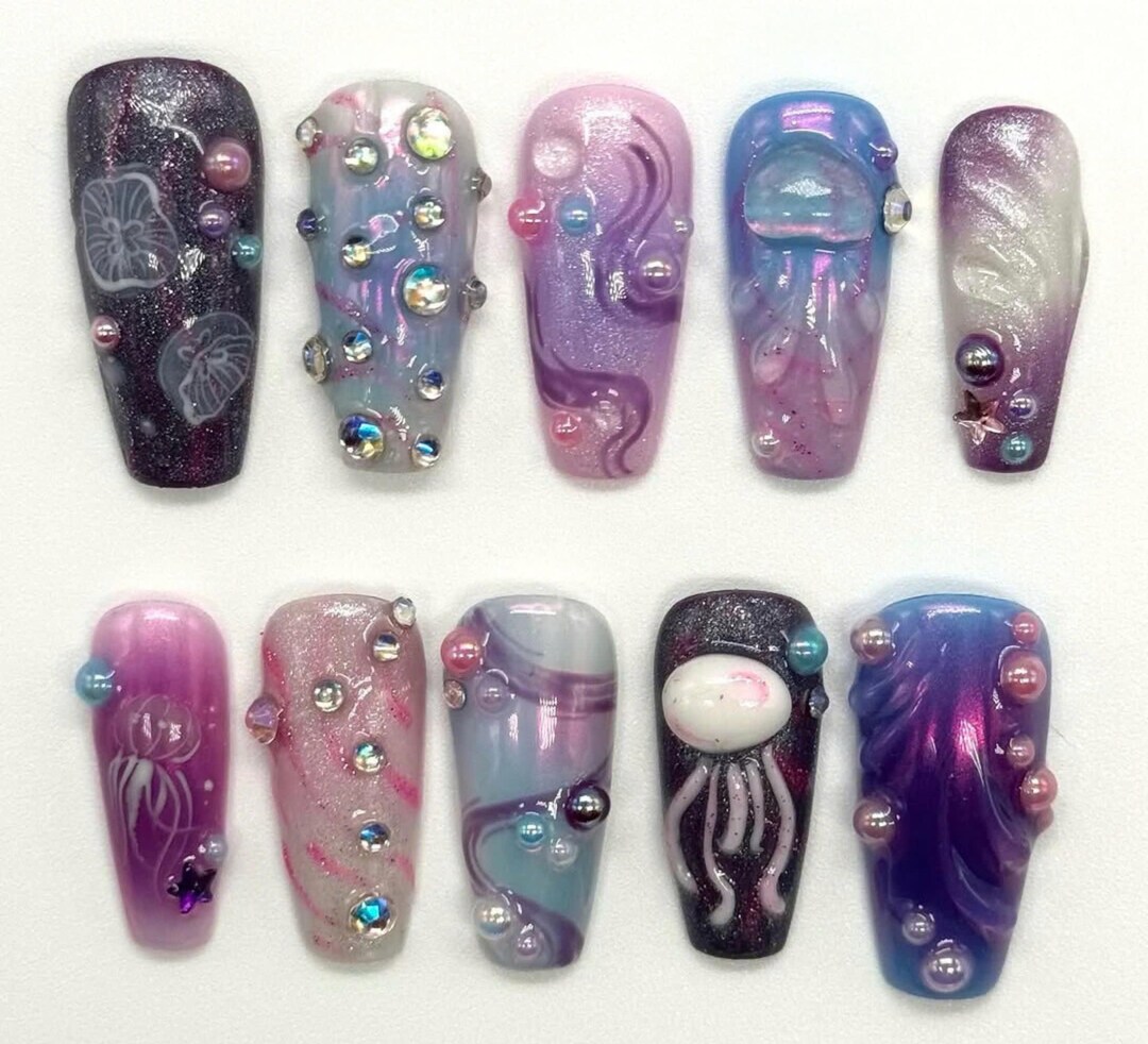 Dreamy Sea Themed Nail Set, Hand-painted Octopus, Ocean Waves Press on ...
