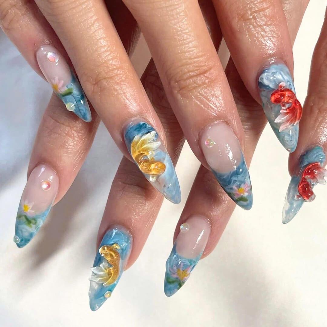 3D Jelly Koi Fish Press-on Nails, Romantic Spring Nail Art With Blue ...