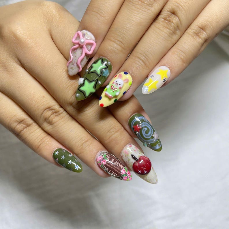 Whimsical Kawaii Character Press on Nails, Handmade Cute Stars Ribbon ...