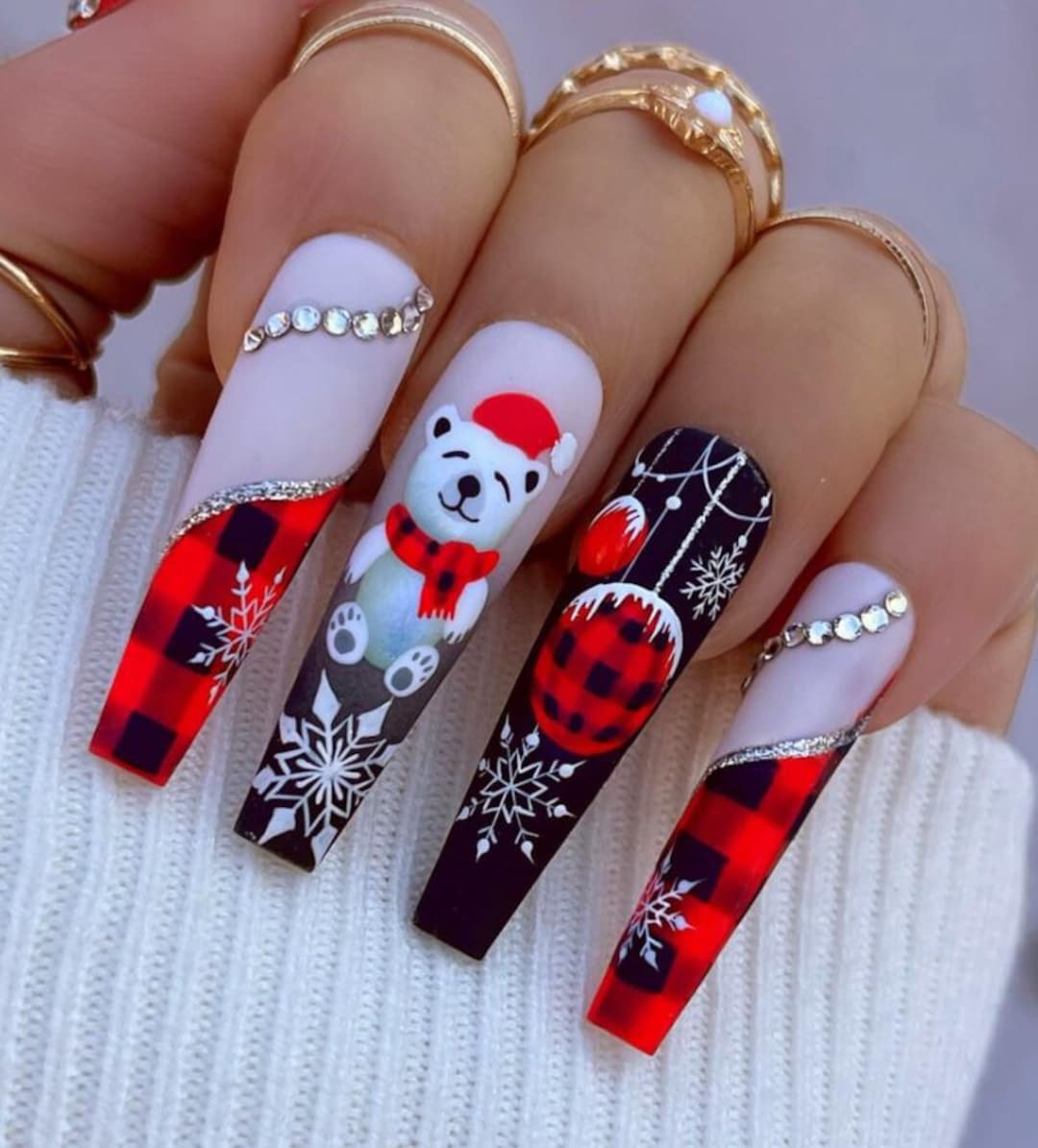 Custom Long Christmas Nail Art With Bells, Cute Bear, Warm Christmas ...
