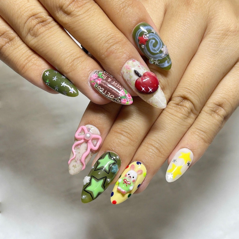Whimsical Kawaii Character Press on Nails, Handmade Cute Stars Ribbon ...