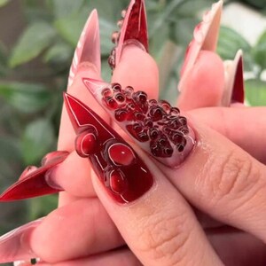 Handmade Red Fruit Press on Nails, Pomegranate Long Stiletto Nail Set ...