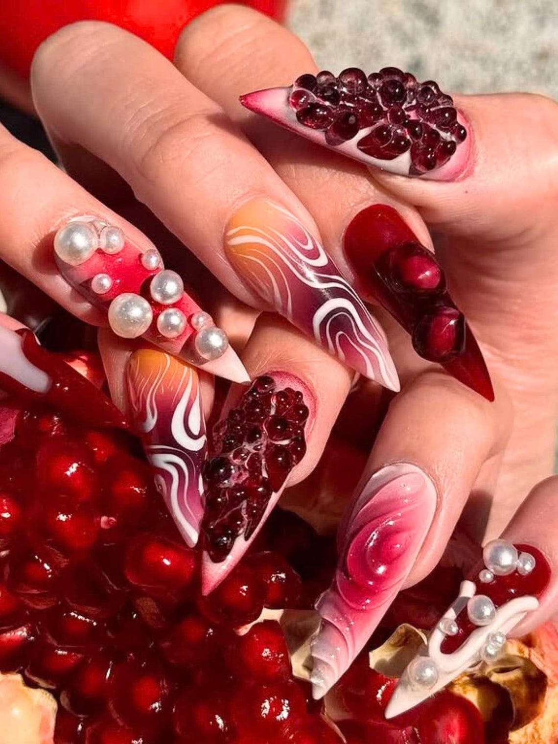 Handmade Red Fruit Press on Nails, Pomegranate Long Stiletto Nail Set ...