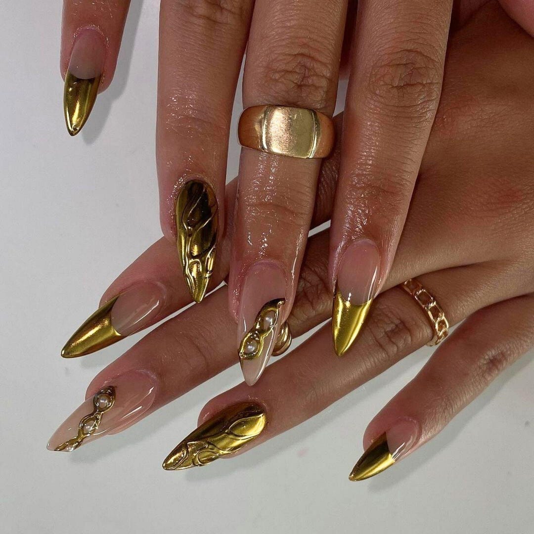 Free Style Almond With Gold Press on Nails, Y2K Emo Chrome Nail Art ...