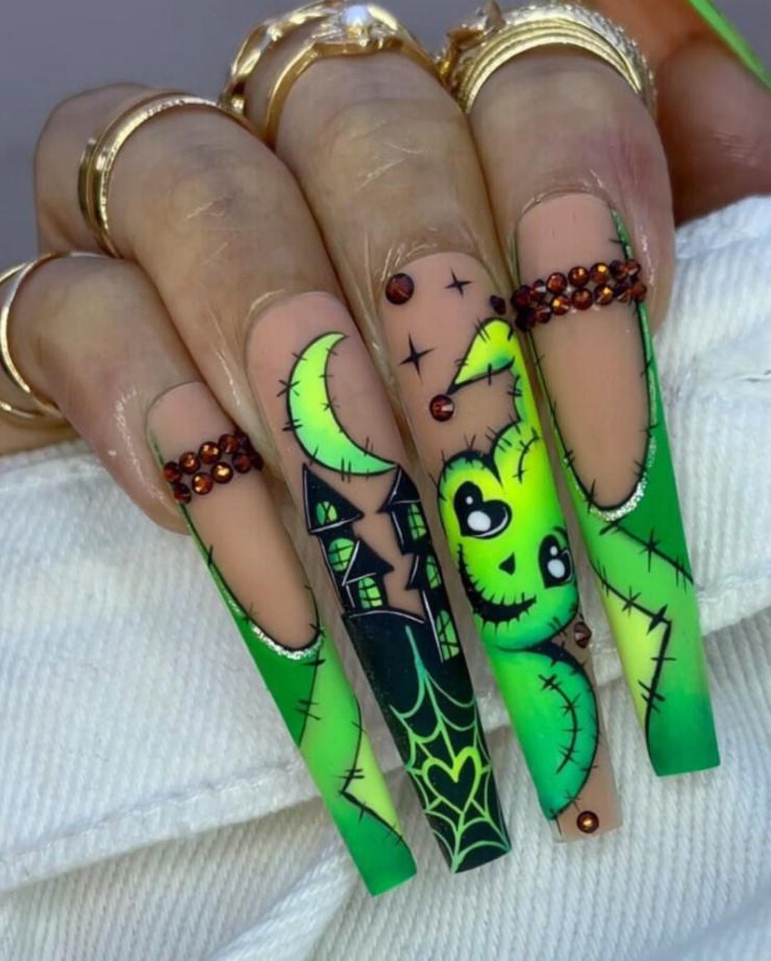 Green Oogie Boogie Press on Nails With Ghost Mansion, Spider Motifs ...