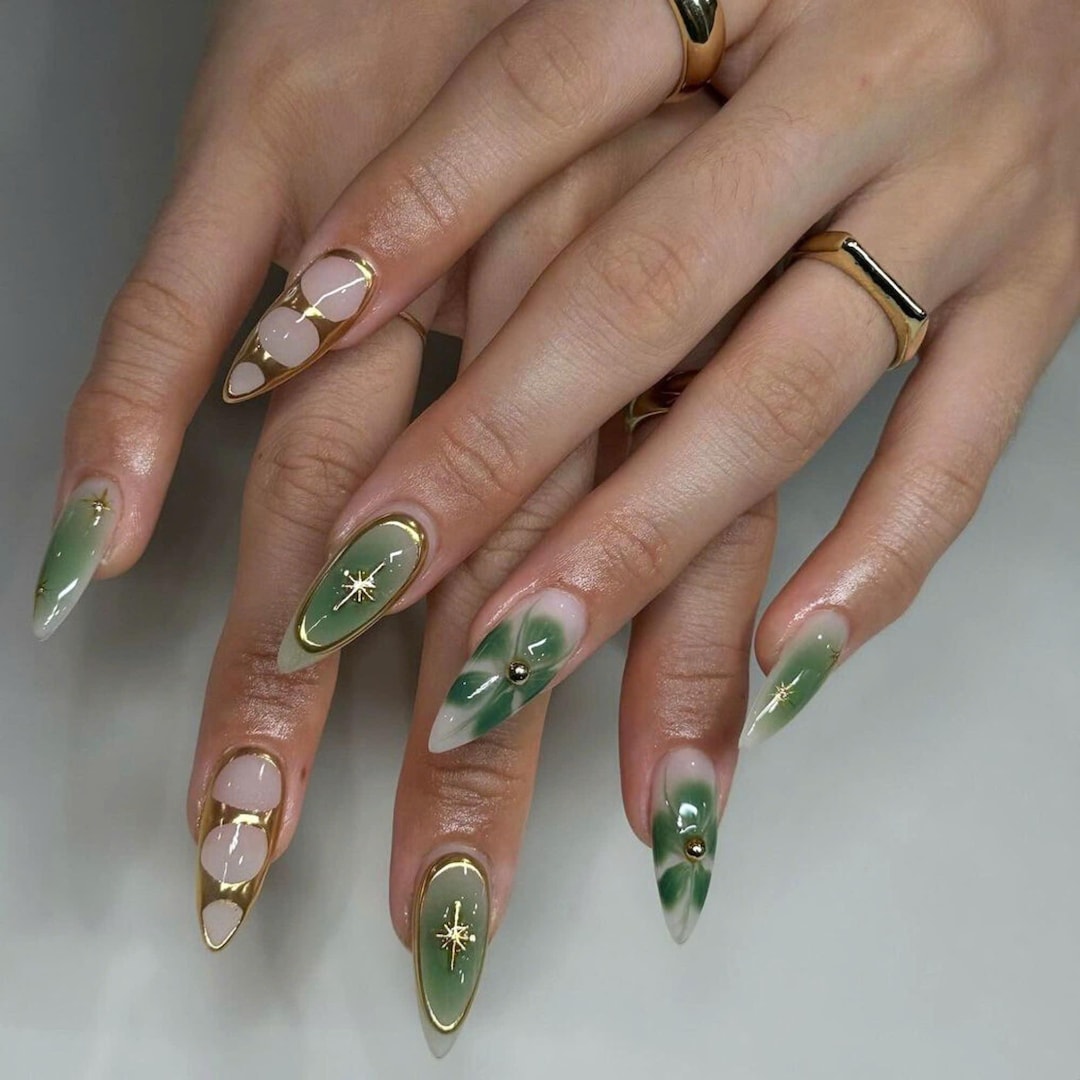 Hand-painted Turquoise Color Press on Nails, Custom Floral Nails ...