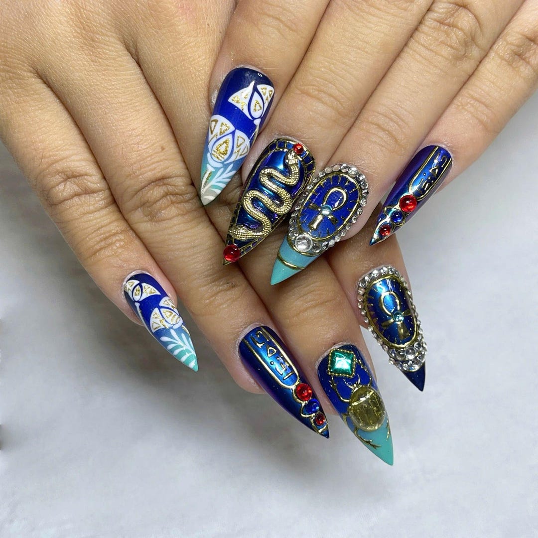 Egyptian Goddess Press on Nails, Blue Gold 3D Handmade Mythic Luxury ...