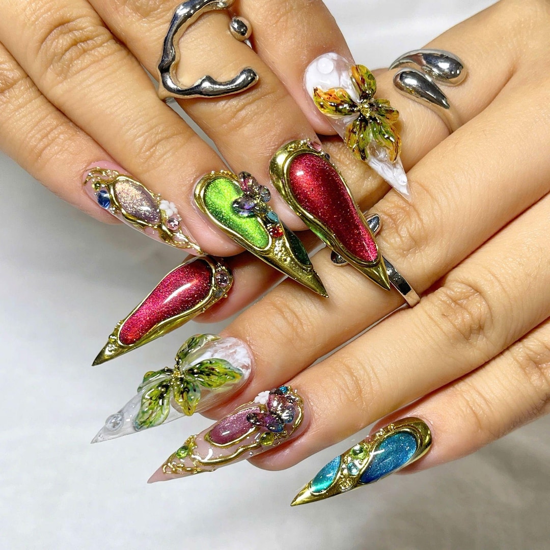 Gemstone Fairycore Press on Nails, 3D Crystal Flower Nails, Luxury ...