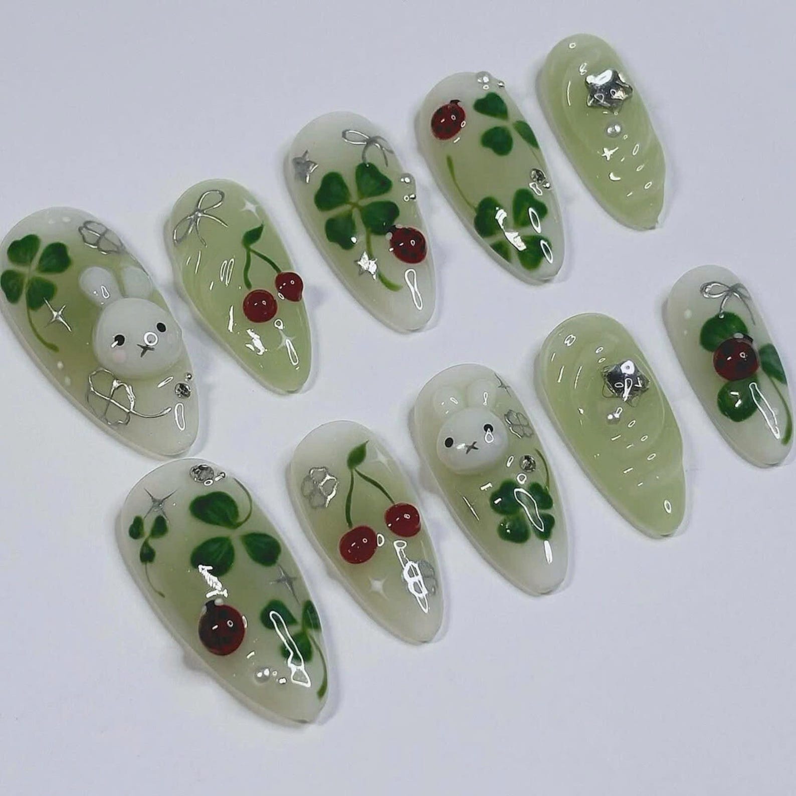 Green Clover Press on Nails, Almond Nail Set With 3D Miffy, Cherry ...