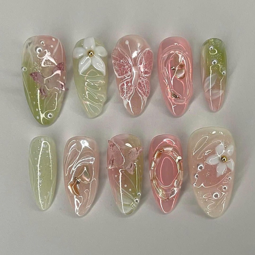 Fairy Garden Press on Nails, Crystal 3D Butterfly Almond Nail Set, Fairytale Flower Press Ons ...
