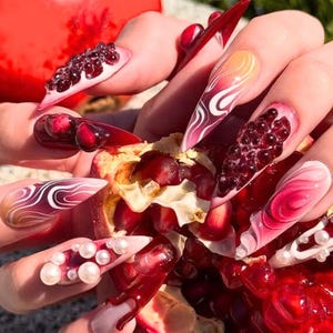Handmade Red Fruit Press on Nails, Pomegranate Long Stiletto Nail Set ...