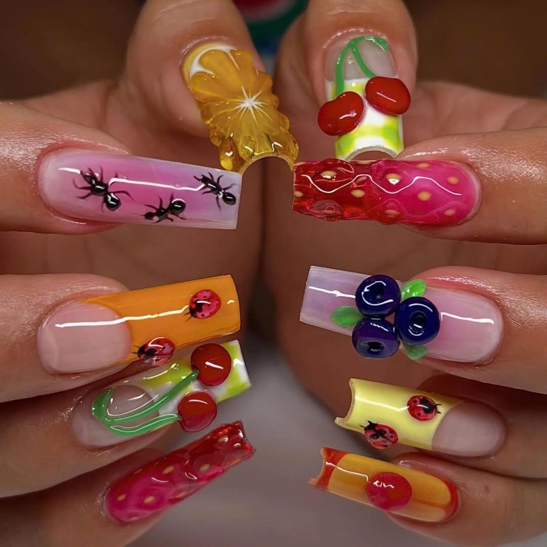 Garden Fruit Lover Press on Nails, Summer Holiday Fake Nails, Fruit ...