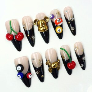 Trendy Billiard Press on Nails, Hand-painted Long Almond Nail Set With ...