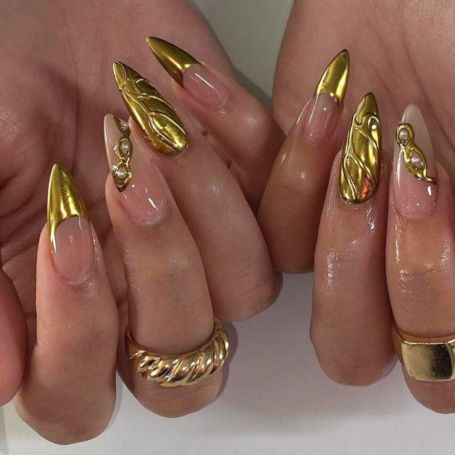 Free Style Almond With Gold Press on Nails, Y2K Emo Chrome Nail Art ...