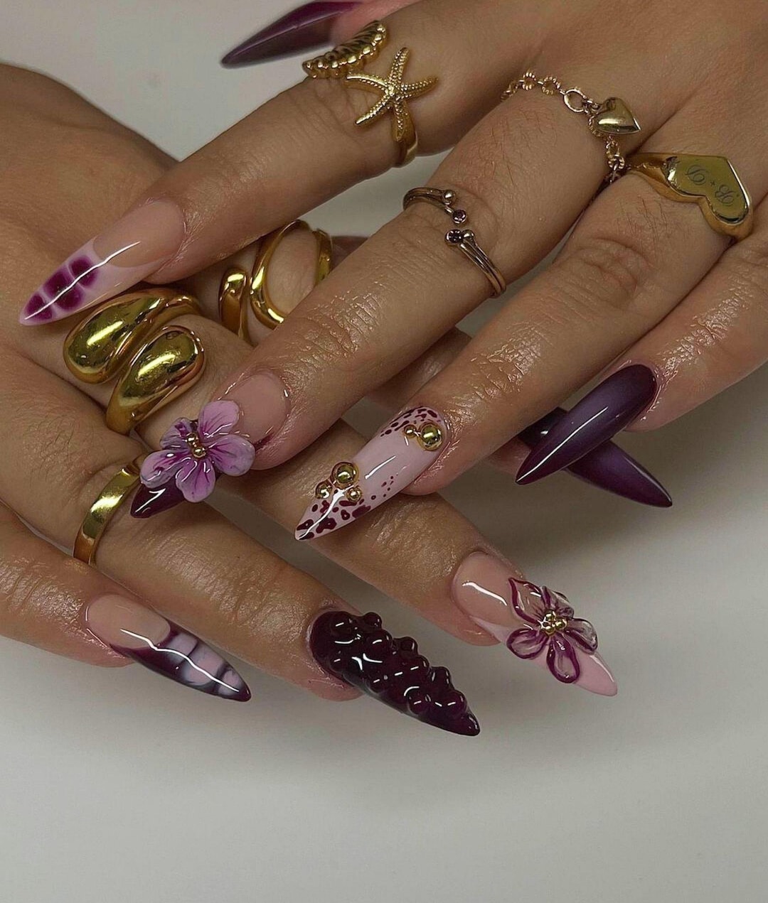 Purple Fall Nails Press on Nails, Crystal 3D Flower With French Tips ...