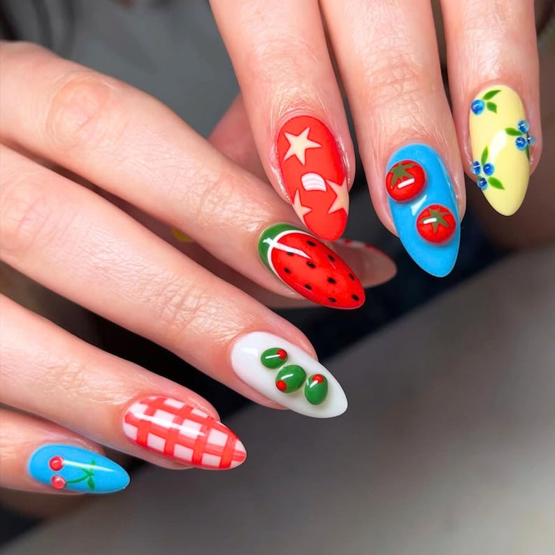 Fresh and Fun Handcrafted Press on Nails With Watermelon, Cherry ...