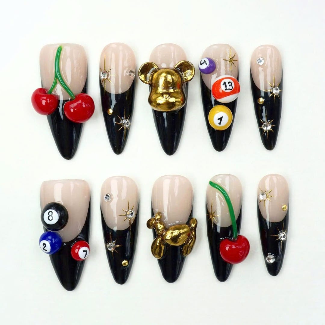Trendy Billiard Press on Nails, Hand-painted Long Almond Nail Set With ...