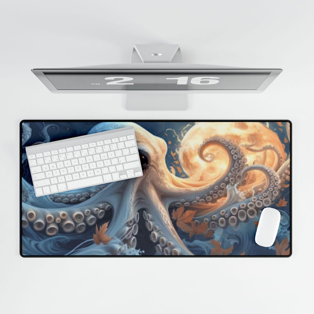 White Octopus Desk Mat, Octopi Moon Mousepad, Octopus Mouse Pad, Gaming ...
