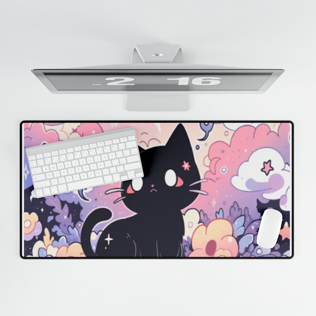 Cute Black Cat Desk Mat, Cartoon Cat Non Slip Mouse Pad, Aesthetic Desk ...