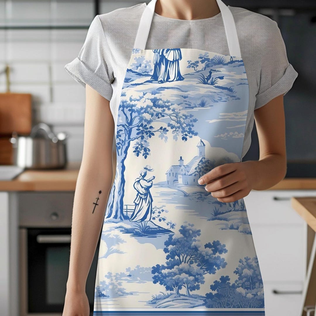 Blue Toile Kitchen Apron, Cottage Apron, Gift for Mom, Gift for Cook ...