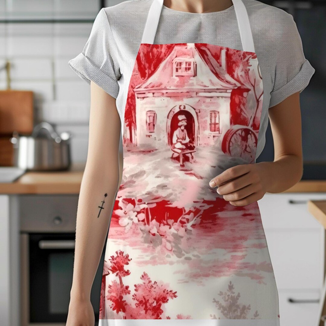 Red Toile Apron, Toile De Jouy, Kitchen Apron, Gift for Cook, Cottage ...