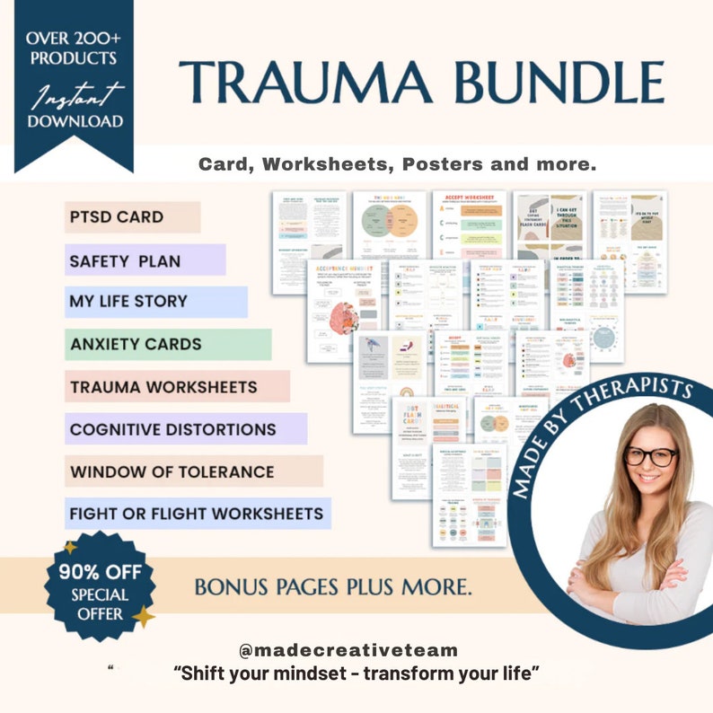Trauma Therapy Bundle Anxiety Coping Skill Cards & Worksheets PTSD ...