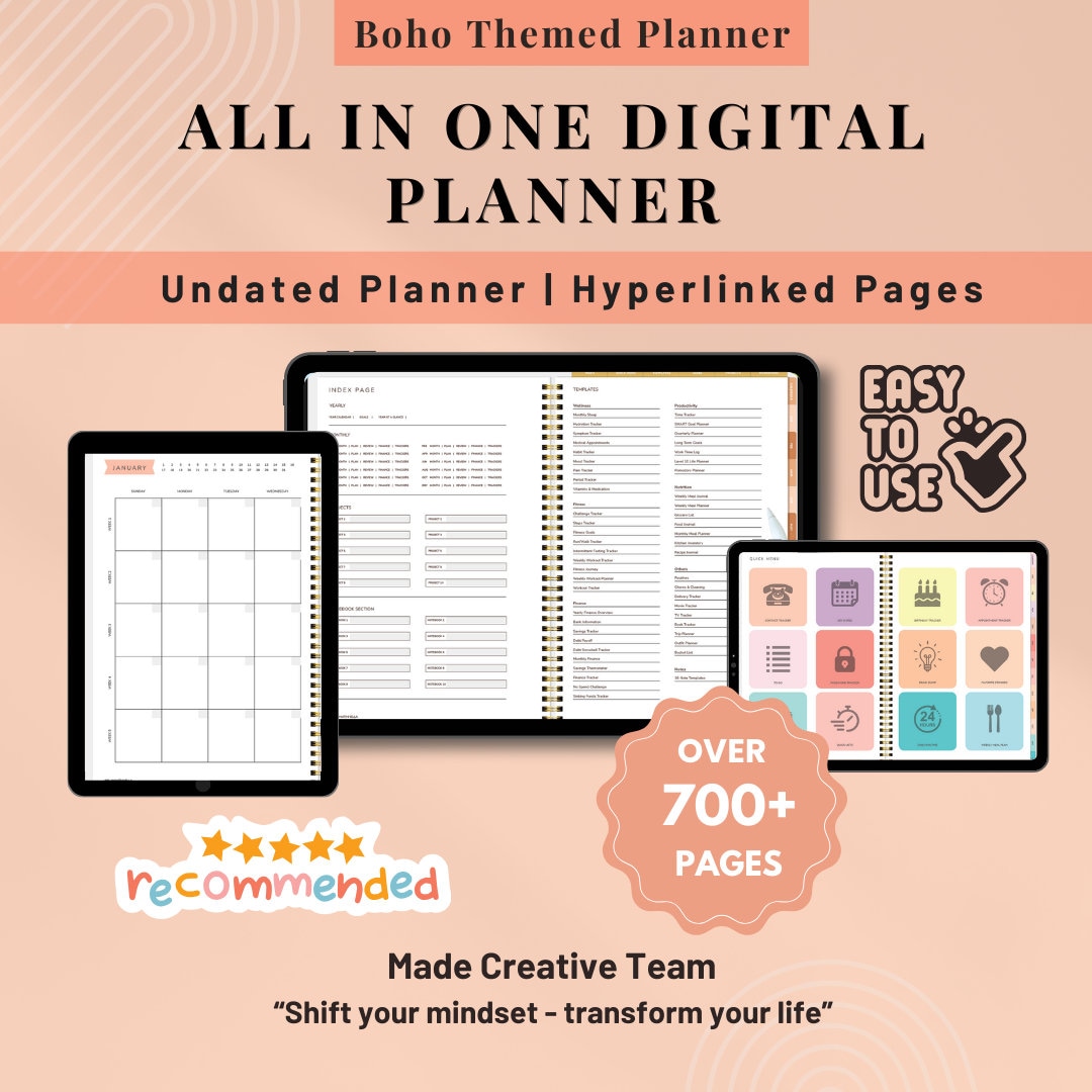 Boho Minimalist Digital Planner Monthly and Yearly Interactive Health ...